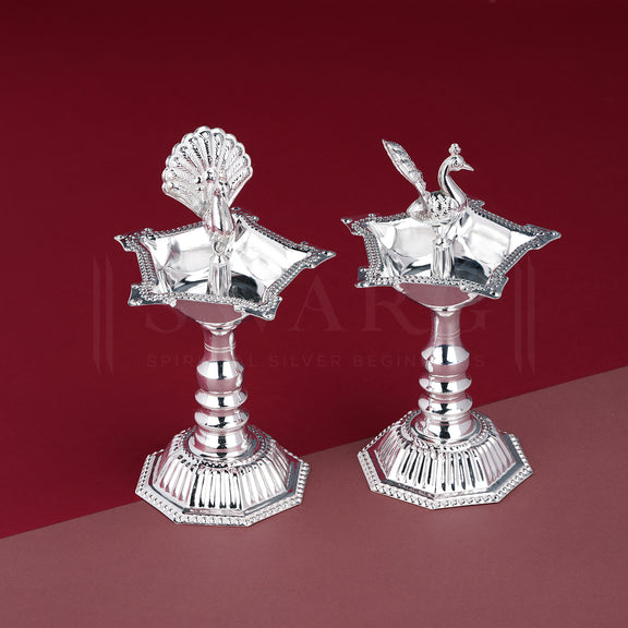 Pure Silver Samai Diya BIS Hallmarked with Peacock at Centre & Unique ...